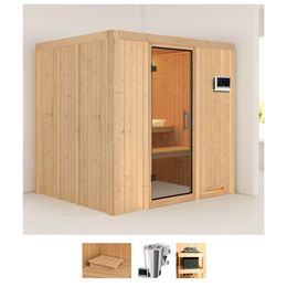 Sauna Karibu "Dima", beige (naturbelassen), Bio-Kombiofen, externe Steuerung, 3,6 kW, Saunen, Ofen 3,6 kW Bio-Ofen externe Strg. easy