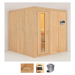 Sauna Karibu "Rodin", beige (naturbelassen), Bio-Kombiofen, externe Steuerung, 9 kW, Saunen, Ofen 9 kW Bio externe Strg easy