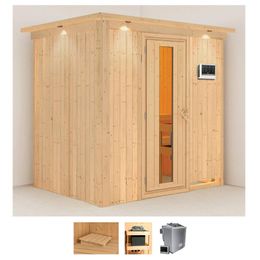 Sauna Karibu "Bedine", beige (naturbelassen), Bio-Kombiofen, externe Steuerung, 9 kW, Saunen, Ofen 9 kW Bio externe Strg easy