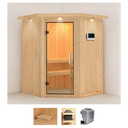 Sauna Karibu "Larin", beige (naturbelassen), Bio-Kombiofen, externe Steuerung, 9 kW, Saunen, Ofen 9 kW Bio externe Strg easy