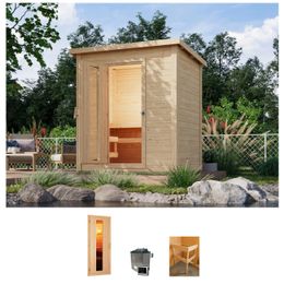 Saunahaus Karibu "Talo 1", beige (naturbelassen), Bio-Kombiofen, externe Steuerung, 9 kW, Saunen, Ofen 9 kW Bio externe Strg easy