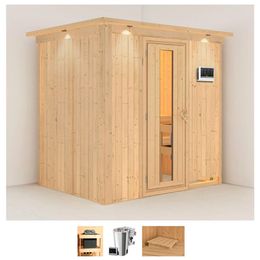 Sauna Karibu "Finja", beige (naturbelassen), Bio-Kombiofen, externe Steuerung, 3,6 kW, Saunen, Ofen 3,6 kW Bio-Ofen externe Strg. easy