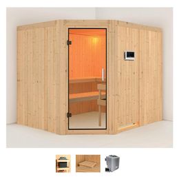 Sauna Karibu "Marit", beige (naturbelassen), Bio-Kombiofen, externe Steuerung, 9 kW, Saunen, Ofen 9 kW Bio externe Strg easy