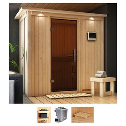 Sauna Karibu "Vada", beige (naturbelassen), Bio-Kombiofen, externe Steuerung, 9 kW, Saunen, Ofen 9 kW Bio externe Strg easy