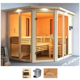 Sauna Karibu "Avril", beige (naturbelassen), Bio-Kombiofen, externe Steuerung, 9 kW, Saunen, Ofen 9 kW Bio externe Strg easy