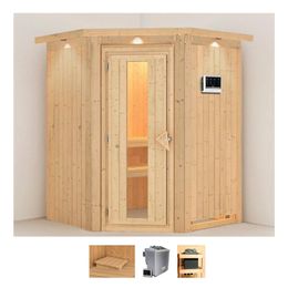 Sauna Karibu "Larin", beige (naturbelassen), Bio-Kombiofen, externe Steuerung, 9 kW, Saunen, Ofen 9 kW Bio externe Strg easy