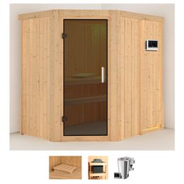 Sauna Karibu "Swantje", beige (naturbelassen), Bio-Kombiofen, externe Steuerung, 3,6 kW, Saunen, Ofen 3,6 kW Bio-Ofen externe Strg. easy