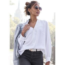 Langarmbluse Lascana, Damen, Gr. 38, wei&szlig;, Web, Obermaterial: 100% Polyester, unifarben, figurumspielend h&uuml;ftlang, V-Ausschnitt, 1-Knopf-Manschette, Blusen, mit Rei&szlig;verschlussdetail, elegante Damenbluse