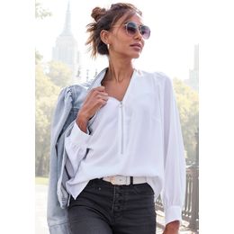 Langarmbluse Lascana, Damen, Gr. 40, wei&szlig;, Web, Obermaterial: 100% Polyester, unifarben, figurumspielend h&uuml;ftlang, V-Ausschnitt, 1-Knopf-Manschette, Blusen, mit Rei&szlig;verschlussdetail, elegante Damenbluse