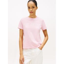 Kurzarmshirt Tommy Hilfiger "REG CORP LOGO C-NK mit Logoschriftzug und Stickerei", Damen, Gr. L (40), pink, Jersey, Obermaterial: 100% Baumwolle, bedruckt, normal h&uuml;ftlang, Rundhals, eingesetzt abgesteppte Kante, Shirts, Baumwolle