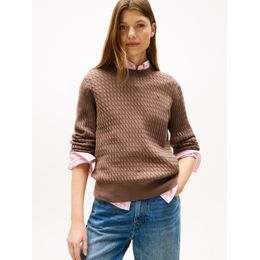 Rundhalspullover Tommy Hilfiger "CO CABLE C-NK LS SWEATER", Damen, Gr. S (36), braun (hot coco), Strick, Obermaterial: 100% Baumwolle, unifarben, regular fit h&uuml;ftlang, Rundhals, Rippstrickb&uuml;ndchen, Pullover Rundhalspullover, Baumwolle, mit Zopfmuster