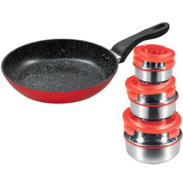 King Bratpfanne Aluminium Set, 1 Pfanne, 3 Vorratsdosen, 3 Deckel, 7 Stk. tlg. Ø 28 cm, formstabiler Thermoboden, Induktion, Keramikbeschichtung rot 0