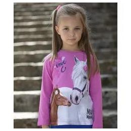 Langarmshirt Miss Melody, M&auml;dchen, Gr. 128, pink (super pink), Single Jersey, Obermaterial: 95% Baumwolle, 5% Elasthan, bedruckt, h&uuml;ftbedeckend, Rundhals, abgesteppte Kante, Shirts Langarmshirt, mit gro&szlig;em Pferde-Frontmotiv