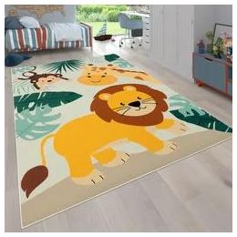 Kinderteppich Paco Home "Bino 582", beige, B:80cm H:4mm L:150cm, Polyester, Teppiche, Kinderteppich, Spielteppich, Motiv Tiere, L&ouml;we & Giraffe, Kinderzimmer