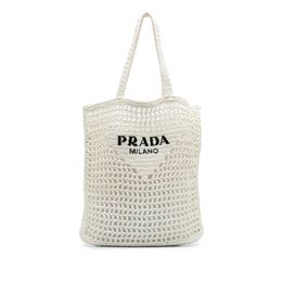 Prada Shopper - Raffia Effect Crochet Logo Embroidered Tote - Gr. unisize - in Weiß - für Damen