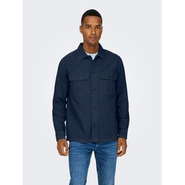 Only & Sons Langarmhemd ONLY & SONS "ONSOLIVER TWILL OVERDYE OVERSHIRT BF", Herren, Gr. L, N-Gr, blau (marineblaus), Web, Obermaterial: 100% Baumwolle, unifarben, loose fit, 2-Knopf-Manschette, Hemden