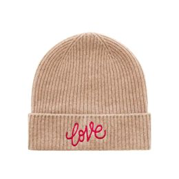 Beanie Zwillingsherz "Beanie mit Love Stickerei", Damen, beige (mittelbeige), Kaschmir, unifarben mit Farbeinsatz, Mützen, mit dekorativer Stickerei