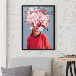 Bilderwelten Bild mit Rahmen Blumen Portr&auml;t - Rosa Dahlien mit Blau