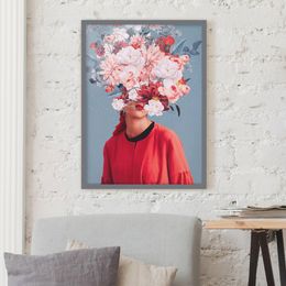 Bild mit Rahmen Blumen Portr&auml;t - Rosa Dahlien mit Blau