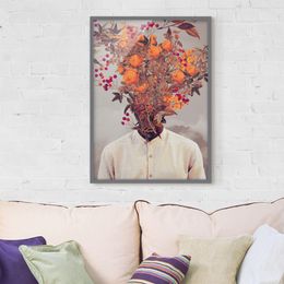Bild mit Rahmen Blumen Portr&auml;t - Orange Rosen mit Bergen