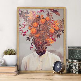 Bild mit Rahmen Blumen Portr&auml;t - Orange Rosen mit Bergen