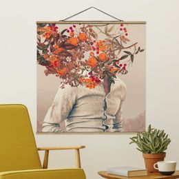 Bilderwelten Stoffbild mit Posterleisten Blumen Porträt - Orange Rosen mit Wald