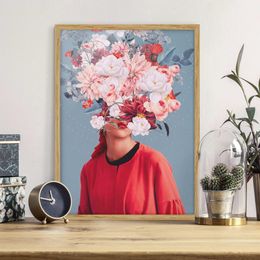 Bild mit Rahmen Blumen Portr&auml;t - Rosa Dahlien mit Blau