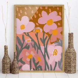 Bild mit Rahmen Blumenwiese in warmen Farben