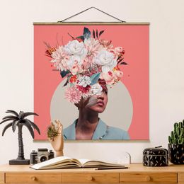Stoffbild mit Posterleisten Blumen Porträt - Rosa Dahlien mit Pink
