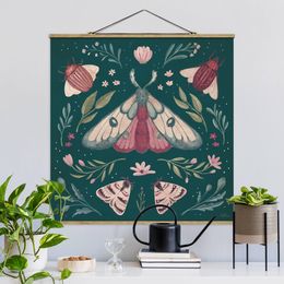 Stoffbild mit Posterleisten Motten mit Blumen
