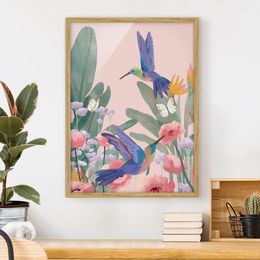 Bild mit Rahmen Kolibris und rosa Bl&uuml;ten