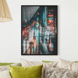 Bilderwelten Bild mit Rahmen Regen in der leuchtenden Stadt