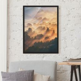 Bilderwelten Bild mit Rahmen Goldene Stunde im Nebel Wald