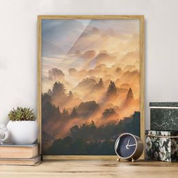 Bild mit Rahmen Goldene Stunde im Nebel Wald