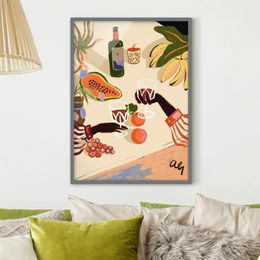 Bild mit Rahmen Stillleben mit Wein und Papayas