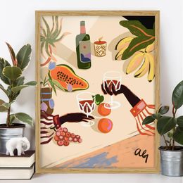 Bild mit Rahmen Stillleben mit Wein und Papayas