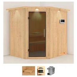 Sauna Karibu "Siirin", beige (naturbelassen), Bio-Kombiofen, externe Steuerung, 9 kW, Saunen, Ofen 9 kW Bio externe Strg easy