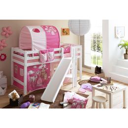 Ticaa Hochbett mit Rutsche Podestbett "Tino" Buche Wei&szlig; Motiv, teilbar mit Farbauswahl