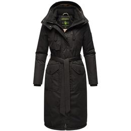 Navahoo Damen Wintermantel lang Parka warm Jacke mit Bindeg&uuml;rtel, Kapuze & Kragen Hokulanii