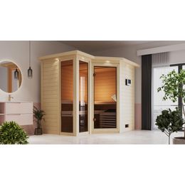 Sauna Karibu "Amada", beige (naturbelassen), Bio-Kombiofen, externe Steuerung, 9 kW, Saunen, Ofen 9 kW Bio externe Strg easy