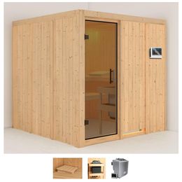 Sauna Karibu "Rodin", beige (naturbelassen), Bio-Kombiofen, externe Steuerung, 9 kW, Saunen, Ofen 9 kW Bio externe Strg easy
