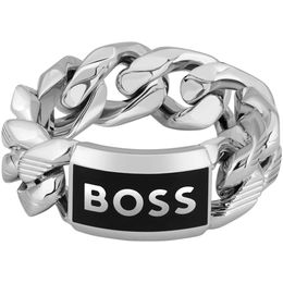 Fingerring BOSS "KASSY EMBLEM, 1580681M,L" Gr. 66, schwarz (edelstahlfarben, schwarz), Fingerringe, Herren, 66, Edelstahl, 10mm, mit Emaille