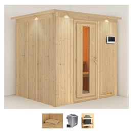 Sauna Karibu "Sodin", beige (naturbelassen), Bio-Kombiofen, externe Steuerung, 9 kW, Saunen, Ofen 9 kW Bio externe Strg easy