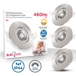 B.K.LICHT LED Einbauleuchte "3er Set Bad Einbaustrahler, IP44 geschützt, flache Einbauspots", grau, 3, Ø 9cm H: 2,5cm, Leuchten, 3.000K, 480Lm, 4,9W, Kunststoff, 9 x 2,5 cm, Nickel, LED Badleuchte LED Einbaustrahler LED Deckeneinbaustrahler