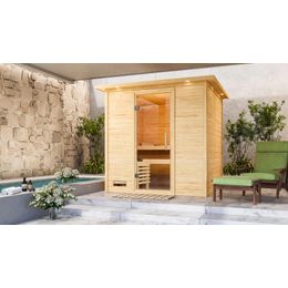 Sauna Karibu "Menja", beige (naturbelassen), Bio-Kombiofen, externe Steuerung, 9 kW, Saunen, Ofen 9 kW Bio externe Strg easy