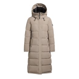 Steppmantel Khujo "DEVION", Damen, Gr. L, beige (graubeige), 85% Polyester, 15% Baumwolle, unifarben, regular fit knielang, eingesetzt Rippbündchen mit Windstopper, Mäntel