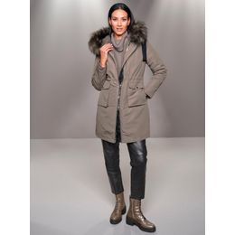 Wintermantel Heine, Damen, Gr. 36, grau (dunkeltaupe), 100% Polyester, Fellimitat:100% Polyester, Innenjacke:100% Polyamid, Wattierung:90% Daunen, 10% Federn, unifarben, unifarben mit Farbeinsatz, unifarben mit Farbeinsätzen, Mäntel