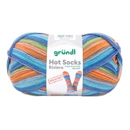 gr&uuml;ndl Hot Socks Riviera 4-fach von Gr&uuml;ndl, Blau/Kiwi/Orangerot/K&uuml;rbis, aus Schurwolle