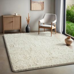 Teppich MERINOS "Fluffy Shaggy", beige (creme), B:120cm H:35mm L:160cm, Polyester, Teppiche, Flauschiger Hochflor Teppich, Wohnzimmer, Anti-Rutsch Unterseite