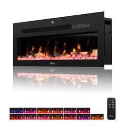 TroniTechnik® Wandkamin elektrisch, Panorama Elektrokamin Schwarz mit LED Flammeneffekt, 900/1800W Heizleistung, dimmbar, App-Steuerung, Fernbedienung, Timer, Kristalle